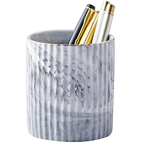 YOSCO Ceramic Vertical Stripes Pen Holder for Desk Cute Pencil Holder Cup Pot Desk Organizer Makeup Brush Holder (Gray)