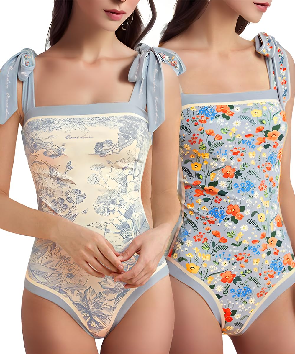 SKAYS Reversible Floral One Piece Swimsuit Women Bathing Suit Vintage Cute with Adjustable Straps Swimwear Blue L
