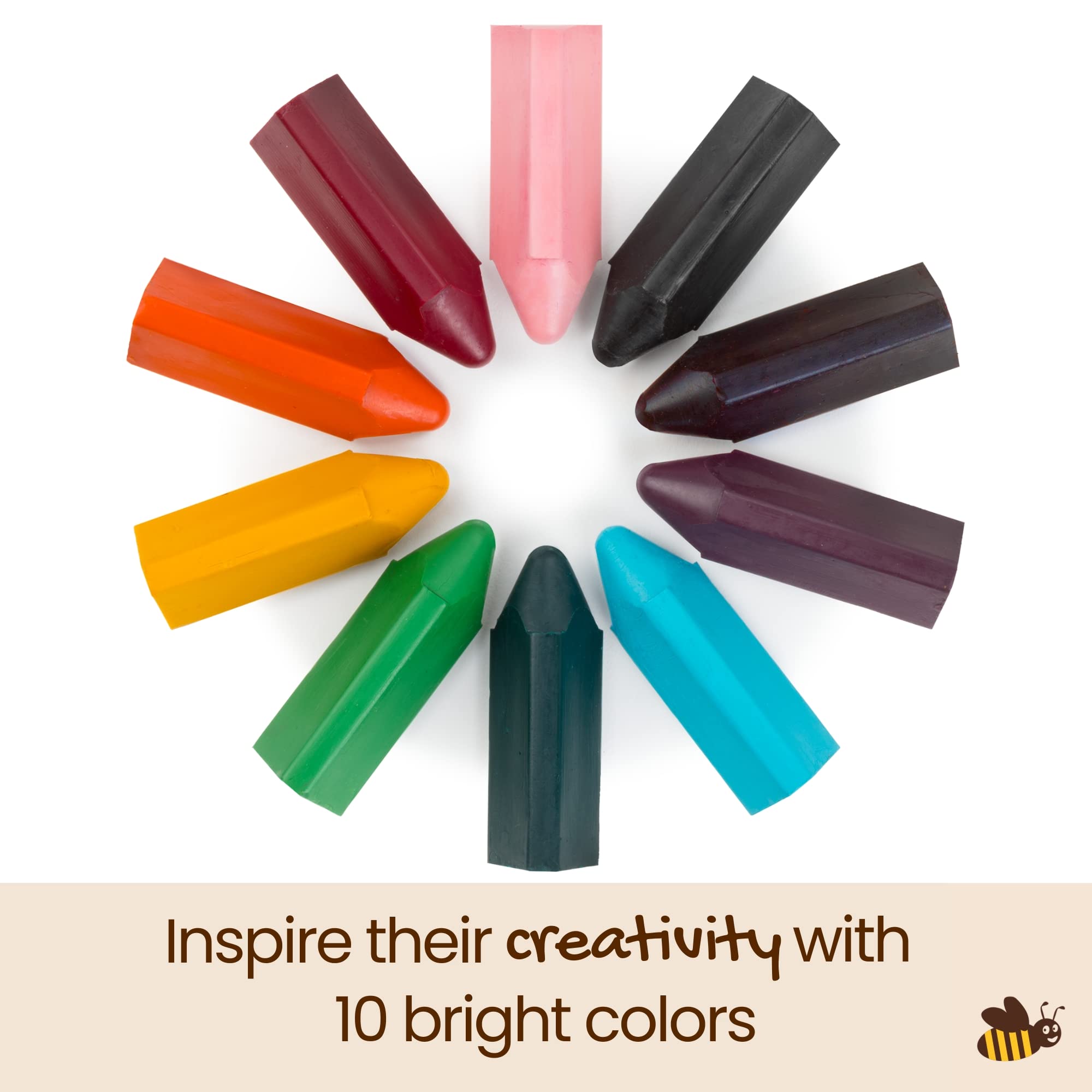 Honeysticks Triangular Crayons (10 Pack) - 100% Pure Beeswax, Food Grade Colors, Non Toxic Crayons for Baby, Toddlers ages 1-3,2-4, Triangle Shape for Pencil Grip Development. Handmade in New Zealand