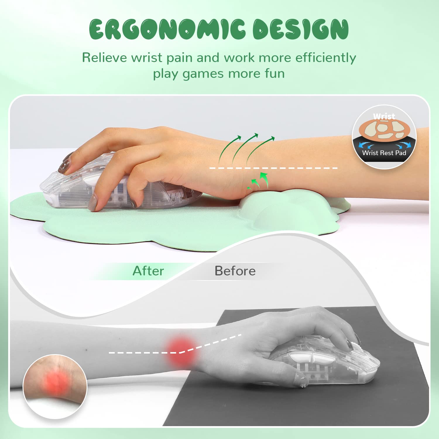 Gaming Mouse Pad Wrist Rest,Ergonomic Cloud Wrist Rest Mousepad with Gel Memory Foam,Non-Slip Rubber Base,Comfortable Mouse Pad for Home Office,Laptop,Mac,Lightweight,Easy Pain Relief (Light Green)