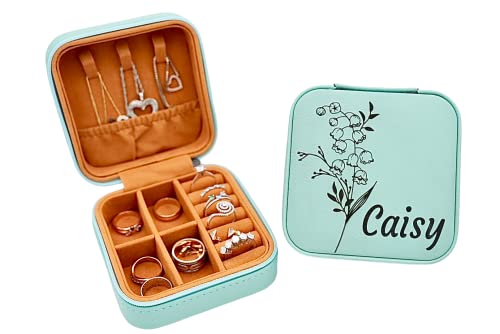 Personalized Leather Jewerly box, Birth Flower Month Customized Leather Jewelry Box with Name, Birthday Gifts for Women, Jewelry Travel Case - Bridesmaids, Graduation gifts (Teal)