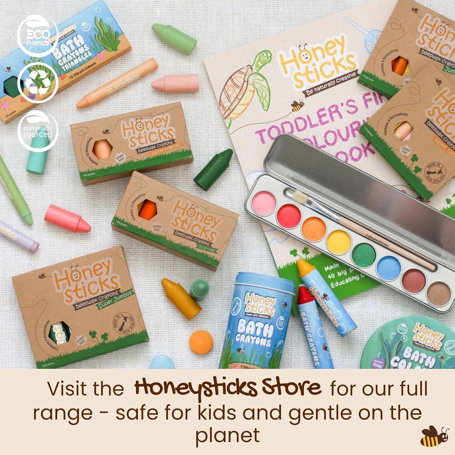 Honeysticks Triangular Crayons (10 Pack) - 100% Pure Beeswax, Food Grade Colors, Non Toxic Crayons for Baby, Toddlers ages 1-3,2-4, Triangle Shape for Pencil Grip Development. Handmade in New Zealand