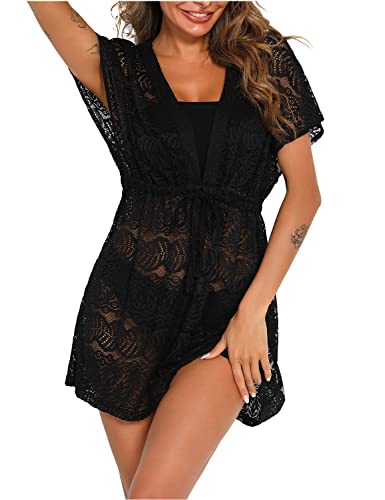 EISHOPEER Women's Swimsuit Beach Cover Up Lace Bikini Beachwear Sheer Bathing Suit Coverups,Black,S