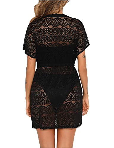 EISHOPEER Women's Swimsuit Beach Cover Up Lace Bikini Beachwear Sheer Bathing Suit Coverups,Black,S