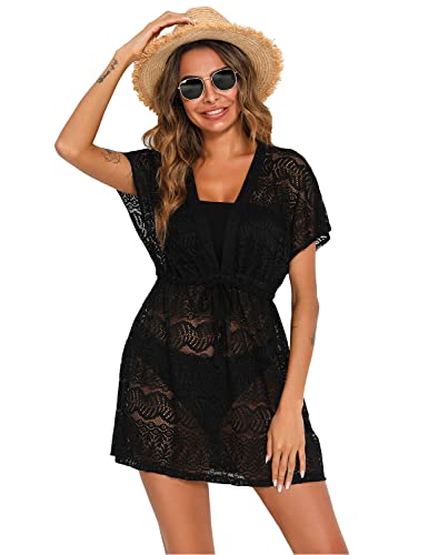EISHOPEER Women's Swimsuit Beach Cover Up Lace Bikini Beachwear Sheer Bathing Suit Coverups,Black,S