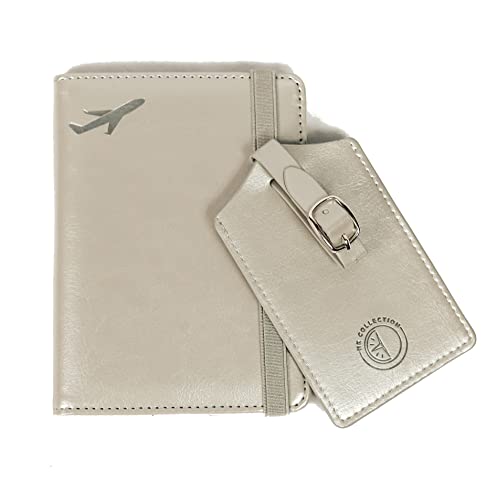 HK Collection Leather Passport and Vaccine card holder combo with Privacy Protection Luggage tag. Passport case with CDC Vaccination card slot for Men/Women. PU Leather with RFID Blocking.(Grey)