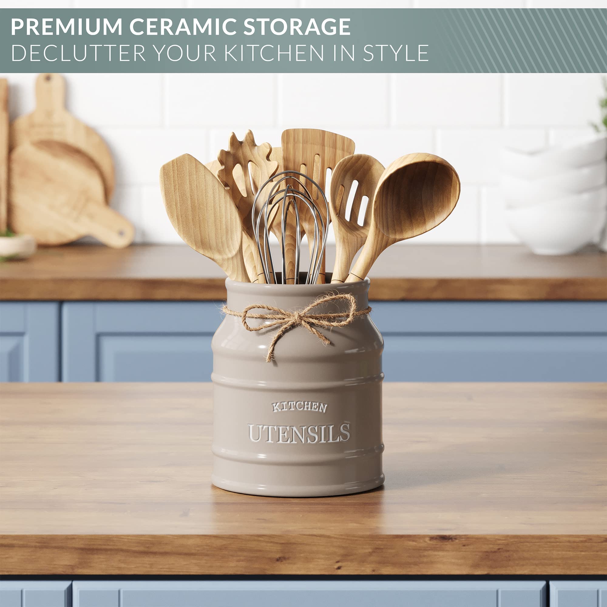 Barnyard Designs Ceramic Farmhouse Utensil Holder for Kitchen Counter, Large Rustic Utensil Crock, Countertop Cooking Tool Spatula Organizer, 6.75” (Taupe)