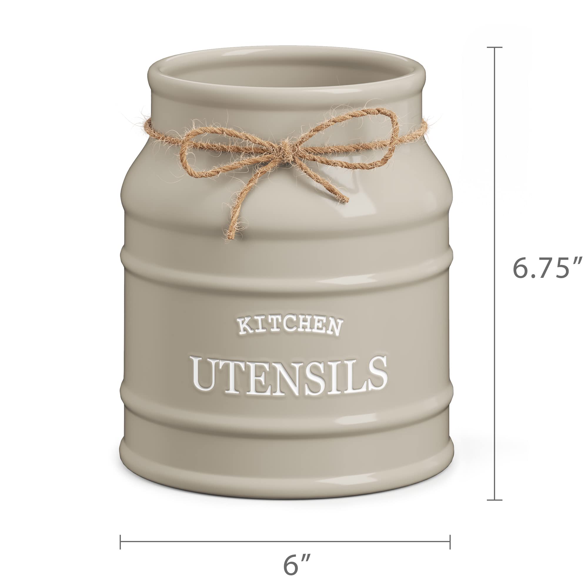 Barnyard Designs Ceramic Farmhouse Utensil Holder for Kitchen Counter, Large Rustic Utensil Crock, Countertop Cooking Tool Spatula Organizer, 6.75” (Taupe)