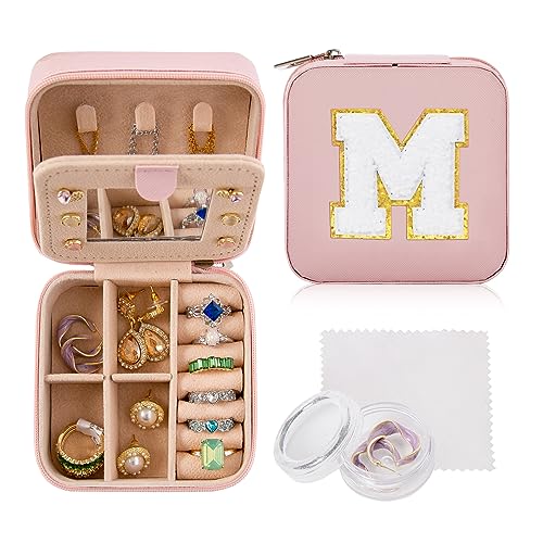 Ulico Travel Jewelry Case Jewelry Box- Small Jewelry Organizer with Mirror, Jewelry Holder Organizer Box, Travel Essentials Travel Gifts Birthday Gifts for Women Girls Friends Sister Initial Pink M