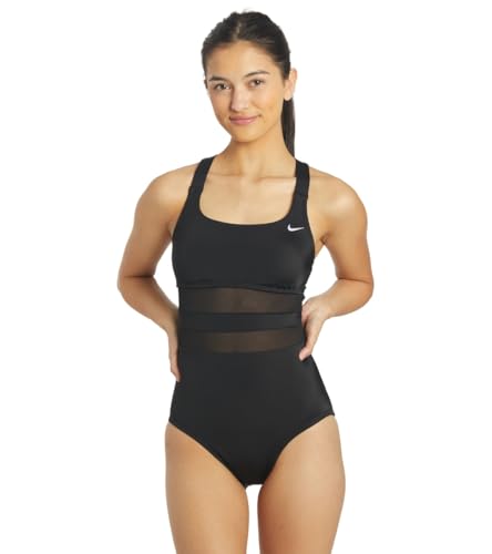NIKE Swim Women's Standard Mesh Solid Edge V-Back One Piece Swimsuit, Black, Medium