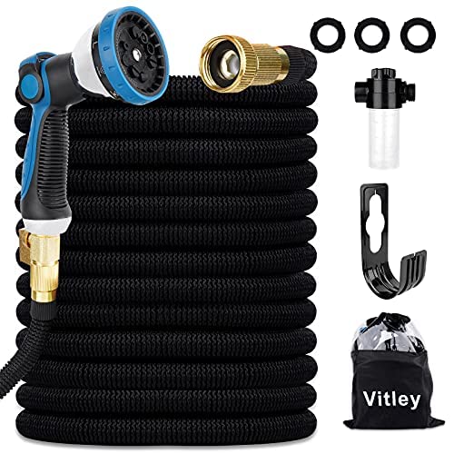 Vitley Expandable Garden Hose 100ft with 10 Function Spray Nozzle, Leakproof Flexible Water Hose Design,with foam pot, Solid Brass Connectors,Retractable Hose Expands 3 Times, Easy Storage and Usage.