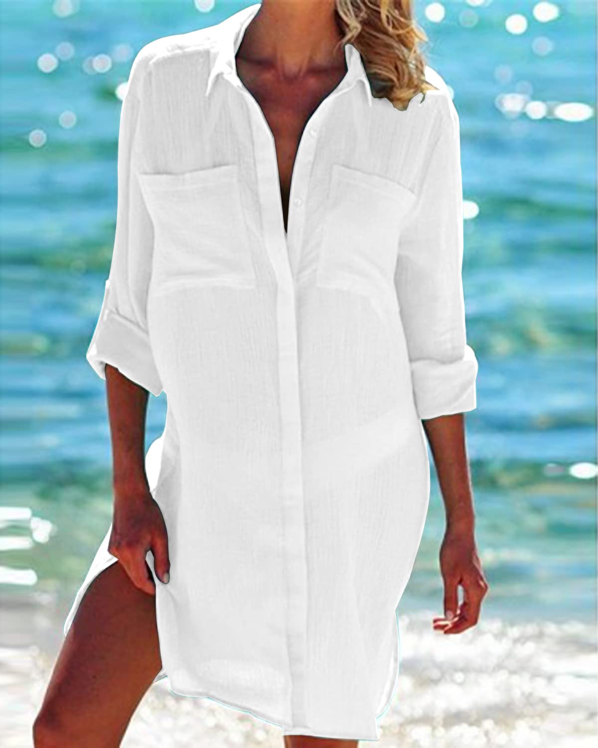 ZIWOCH Womens Sexy Beachwear Button Down Shirts Casual Bathing Suits Swimsuits Cover Up with Pockets White