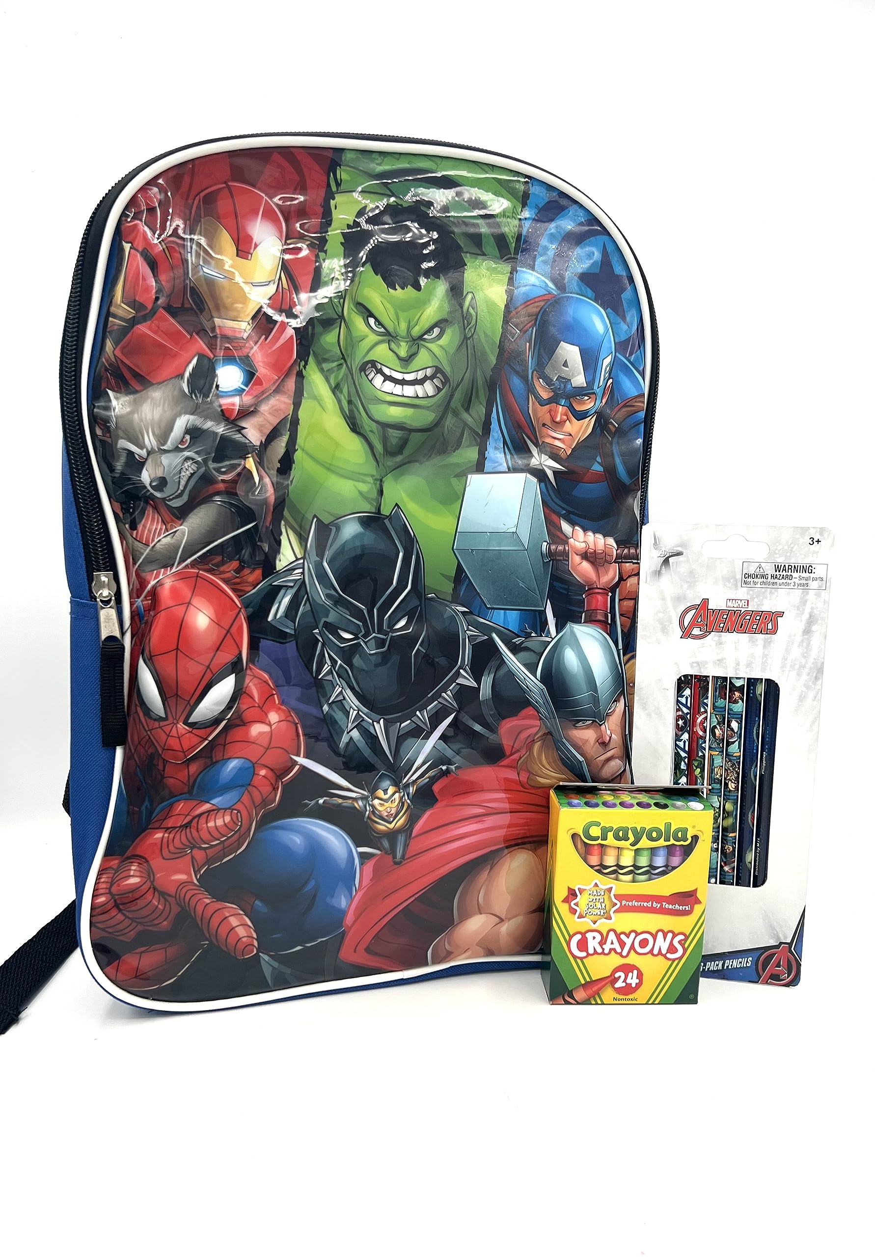 Disney Marvel Avengers 15" Backpack Bundle with 24pk Crayola Crayons and 6pk Avengers Pencil - Spider-Man Iron Man Thor Captain America Hulk - Blue/Black