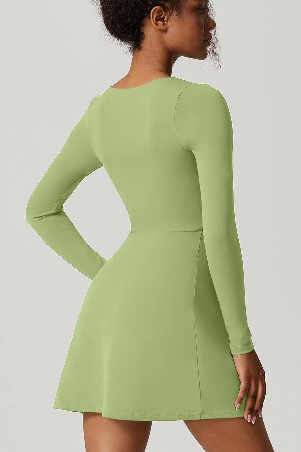 QINSEN Womens Light Green Mini Dress Long Sleeve Square Neck Side Slit Tennis Dresses L