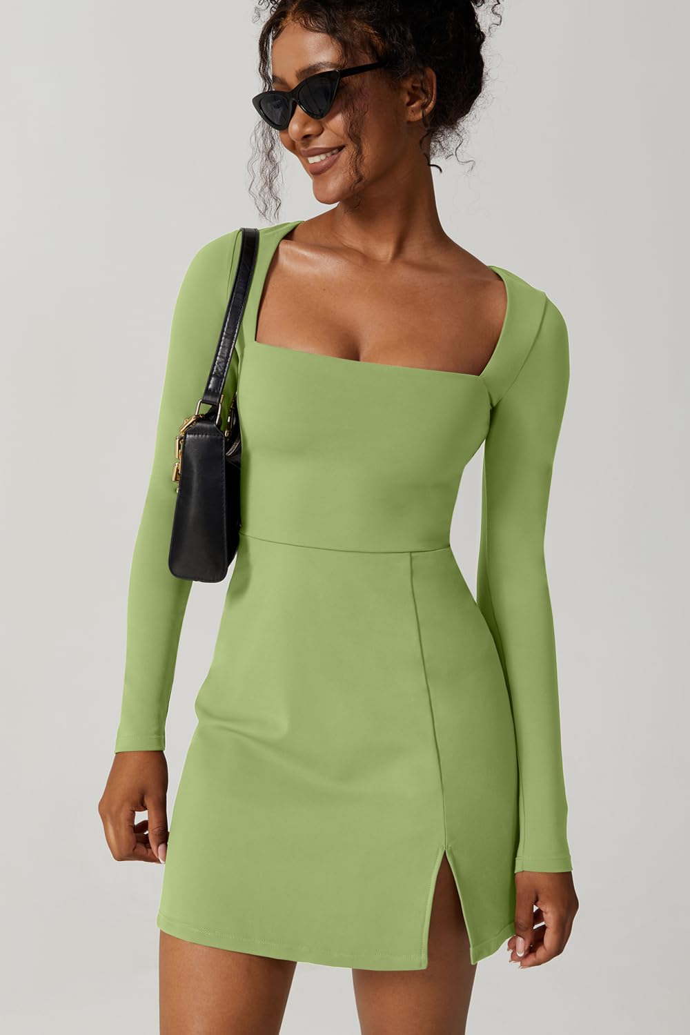 QINSEN Womens Light Green Mini Dress Long Sleeve Square Neck Side Slit Tennis Dresses L