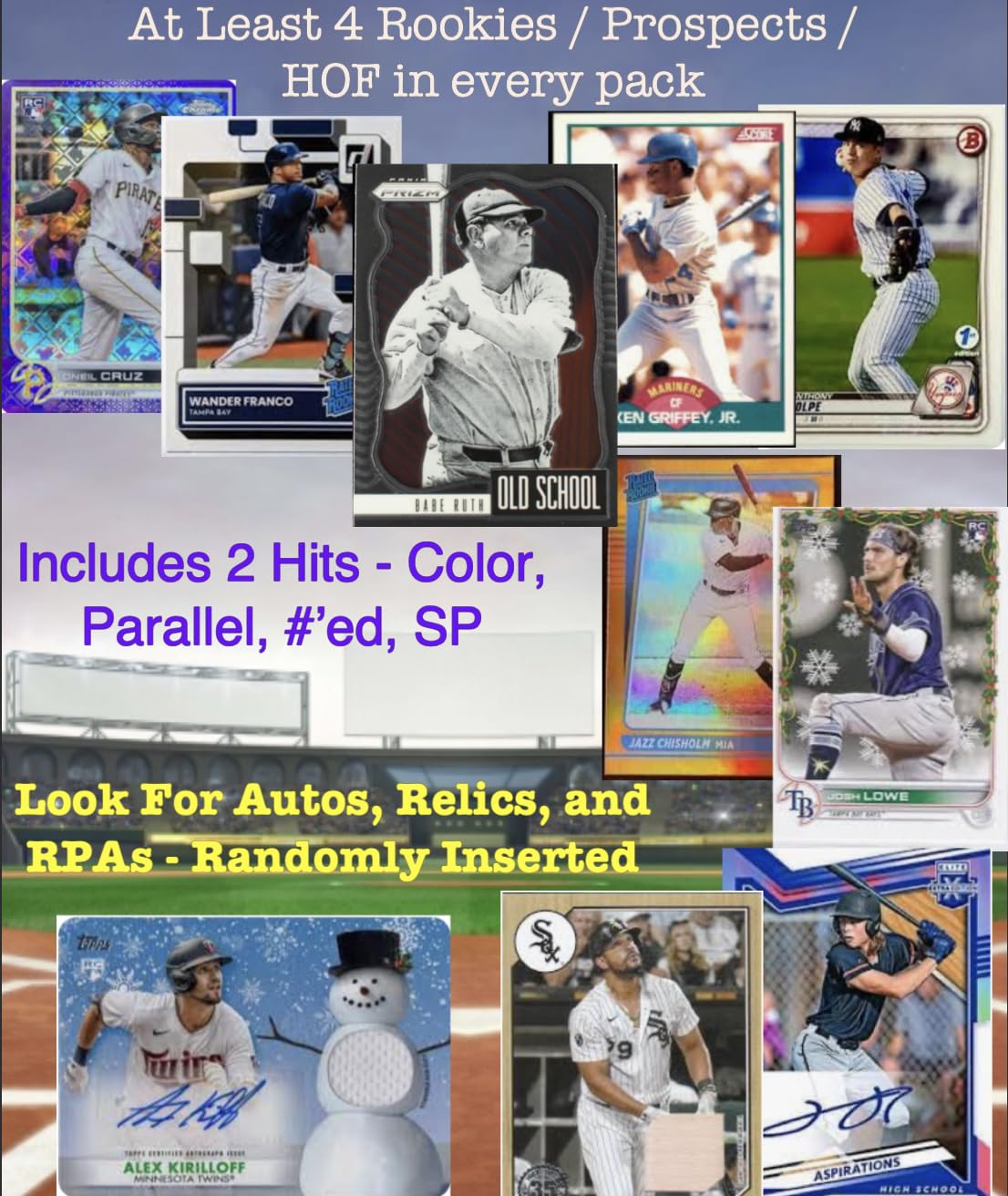 MLB Baseball Mystery Hot Pack - 15 Cards with 4 Rookies/HoFs and 2 Hits - Look for Autos and Relics