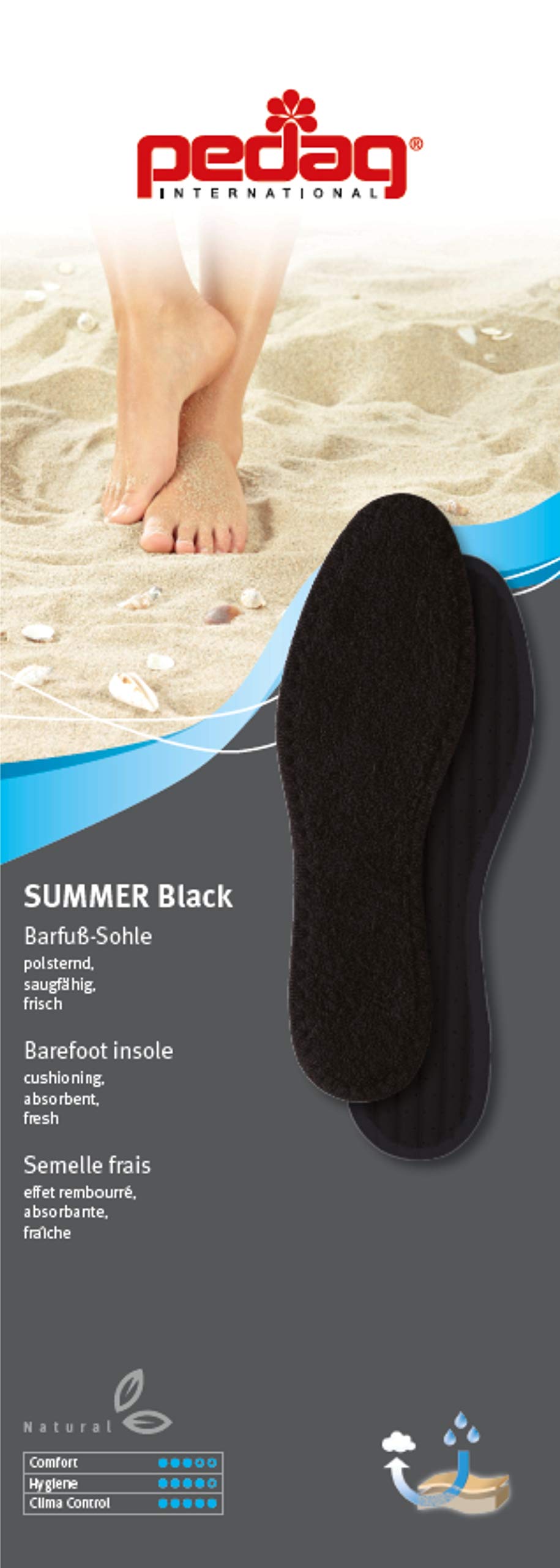 Pedag Summer | Pure Terry Cotton Insoles | Handmade in Germany | Absorbs Sweat & Controls Odor | Ideal for Wear Without Socks | Washable | US Women 7/ EU 37 | Black | 3 Pair