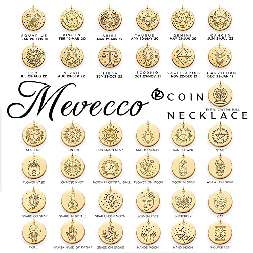 MEVECCO Gold Necklace Coin Disc Zodiac 12 Constellation Taurus Patterned Engraved Horoscope Sign Astrology Pendant 18K Gold Plated Chain Dainty Personalized Simple Jewelry
