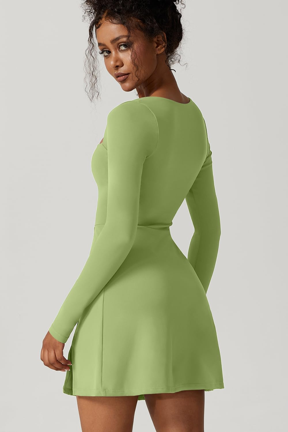 QINSEN Womens Light Green Mini Dress Long Sleeve Square Neck Side Slit Tennis Dresses L