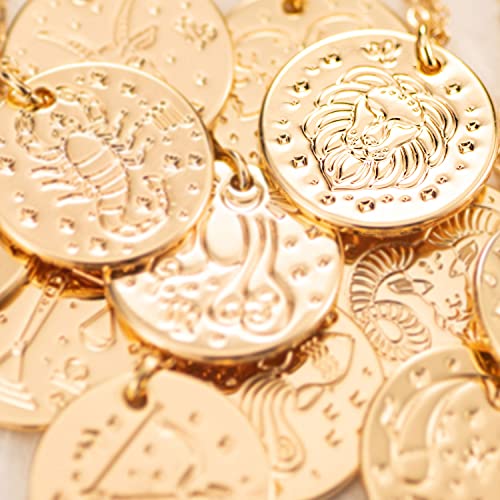 MEVECCO Gold Necklace Coin Disc Zodiac 12 Constellation Taurus Patterned Engraved Horoscope Sign Astrology Pendant 18K Gold Plated Chain Dainty Personalized Simple Jewelry