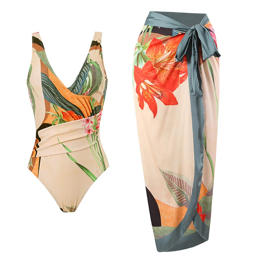 Women's One Piece Swimsuit with Cover up Beach Skirt Retro Floral Printed Swimsuit Bathing Suit Ruffle V-neck Monokini Swimwear Sarong Coverups Two Piece Bikini Set Beachwear Light Apricot Floral L