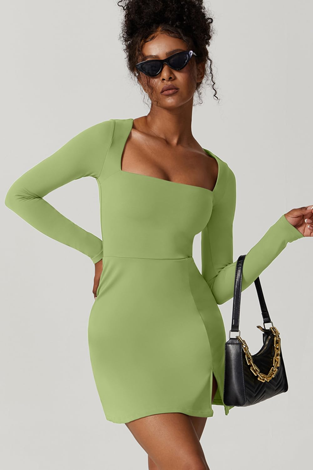 QINSEN Womens Light Green Mini Dress Long Sleeve Square Neck Side Slit Tennis Dresses L