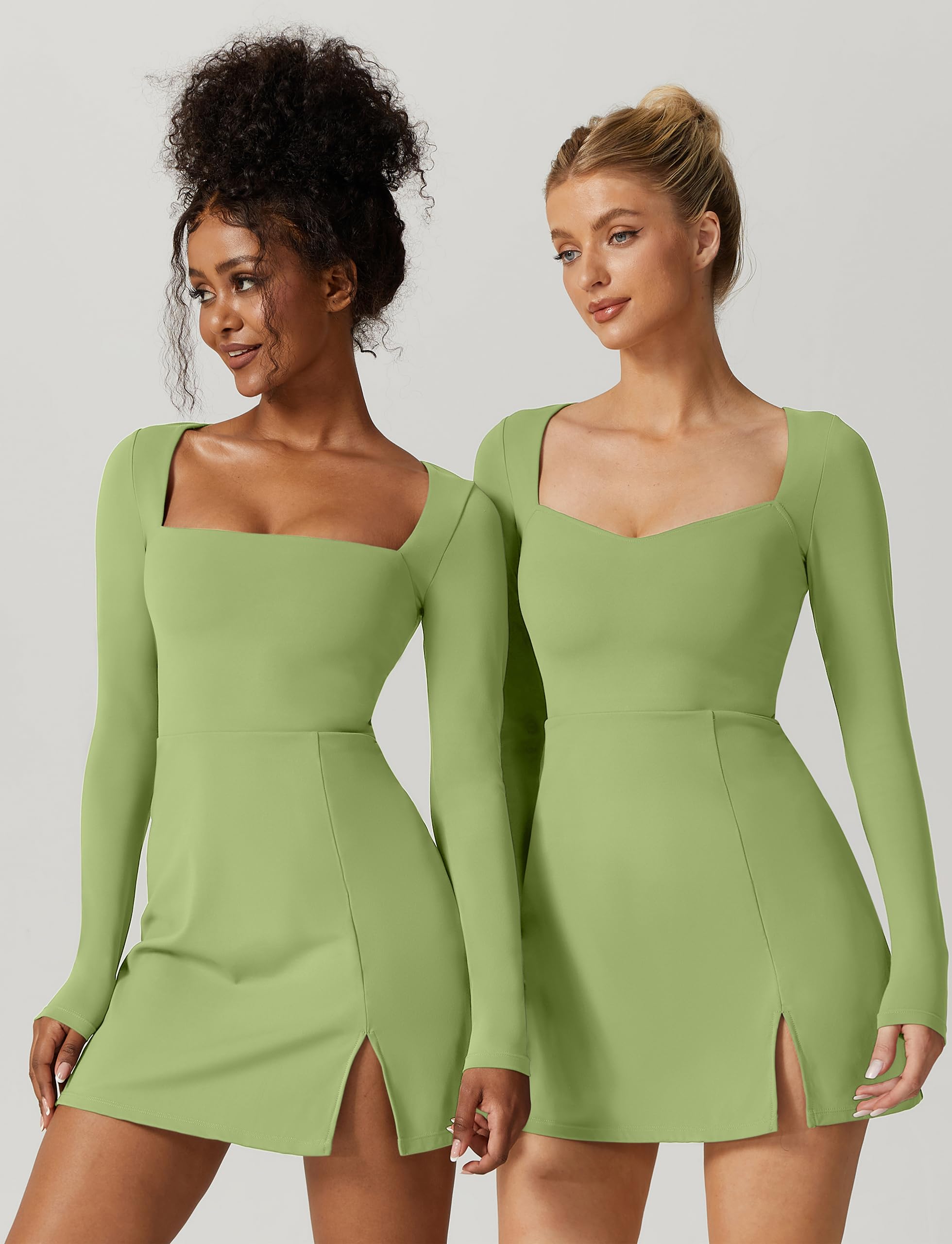QINSEN Womens Light Green Mini Dress Long Sleeve Square Neck Side Slit Tennis Dresses L