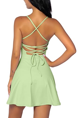 QINSEN Women's Tennis Dress Workout Dress with Built-in Bra & Shorts Pockets Athletic Dresses for Women Lily Green S