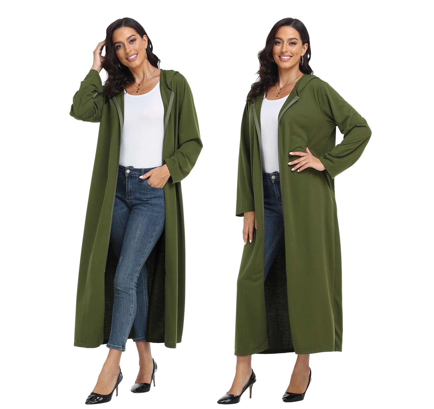 Women's Zip Up Robes Hooded Long Housecoat Sweatshirt Full Length Bathrobe Long Sleeve Loungewear with Pockets, Army XXL