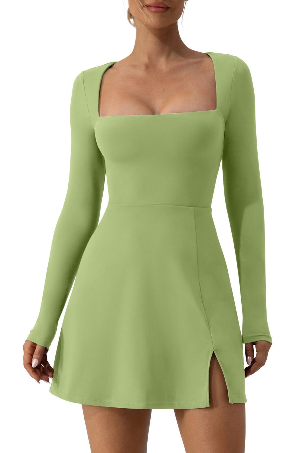 QINSEN Womens Light Green Mini Dress Long Sleeve Square Neck Side Slit Tennis Dresses L