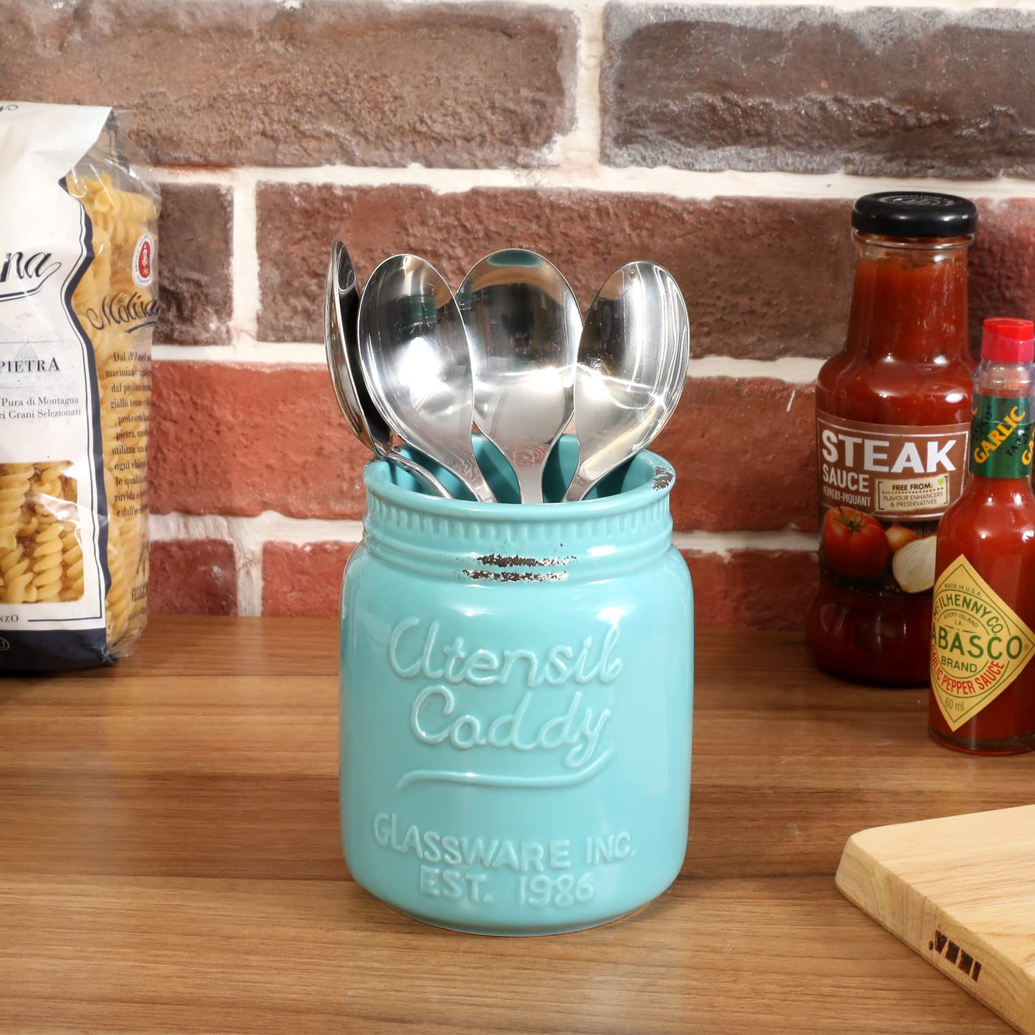 MyGift Aqua Blue Ceramic Mason Jar Flatware Holder Storage Organizer with Decorative Embossed Utensil Caddy Word Design, Farmhouse Kitchen Decor, Set of 3