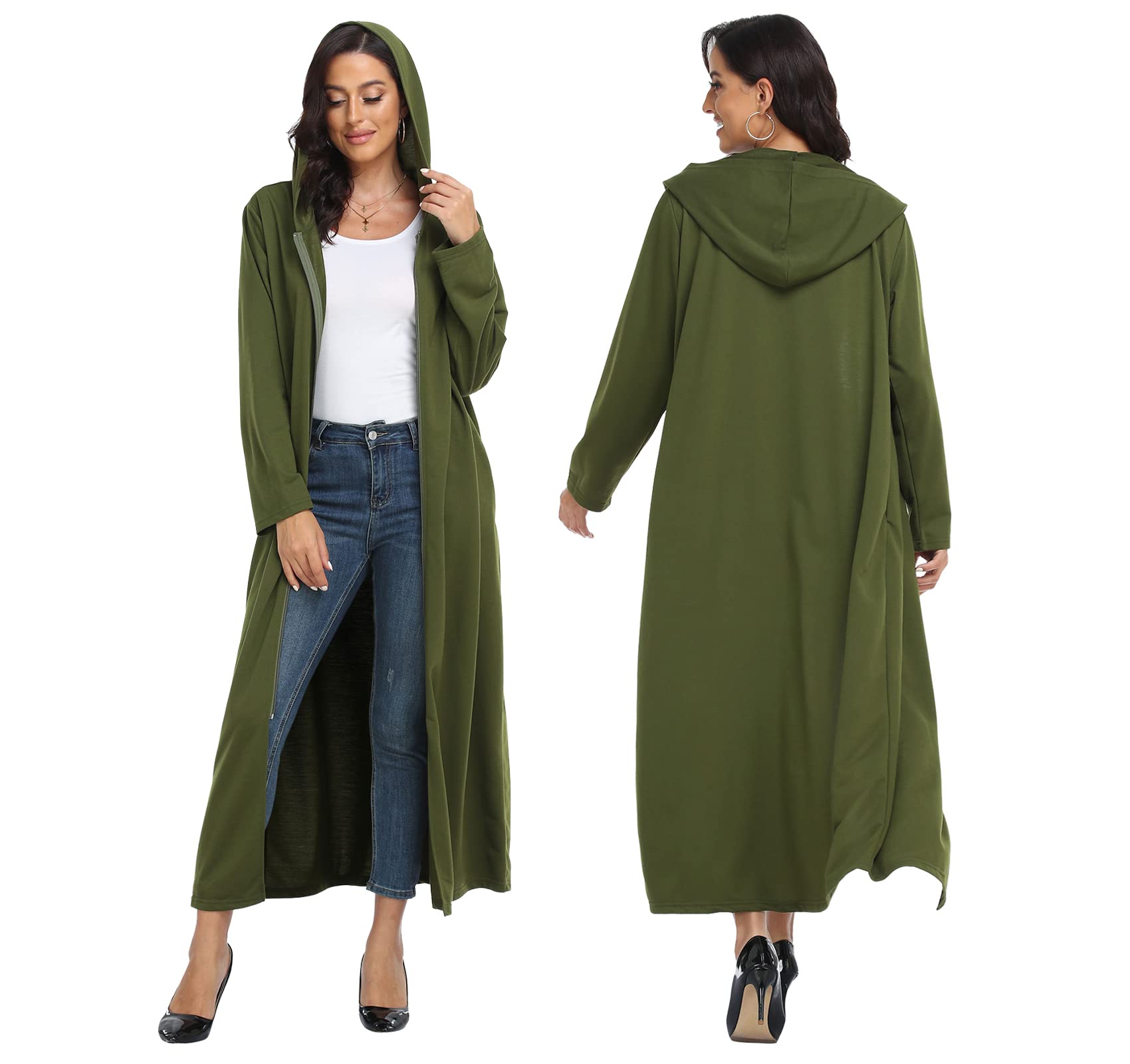 Women's Zip Up Robes Hooded Long Housecoat Sweatshirt Full Length Bathrobe Long Sleeve Loungewear with Pockets, Army XXL