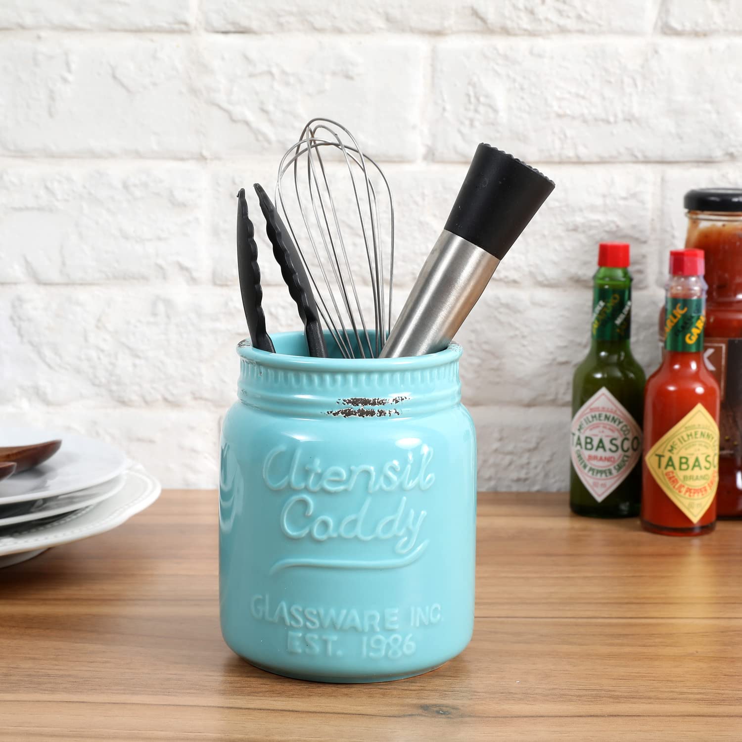 MyGift Aqua Blue Ceramic Mason Jar Flatware Holder Storage Organizer with Decorative Embossed Utensil Caddy Word Design, Farmhouse Kitchen Decor, Set of 3