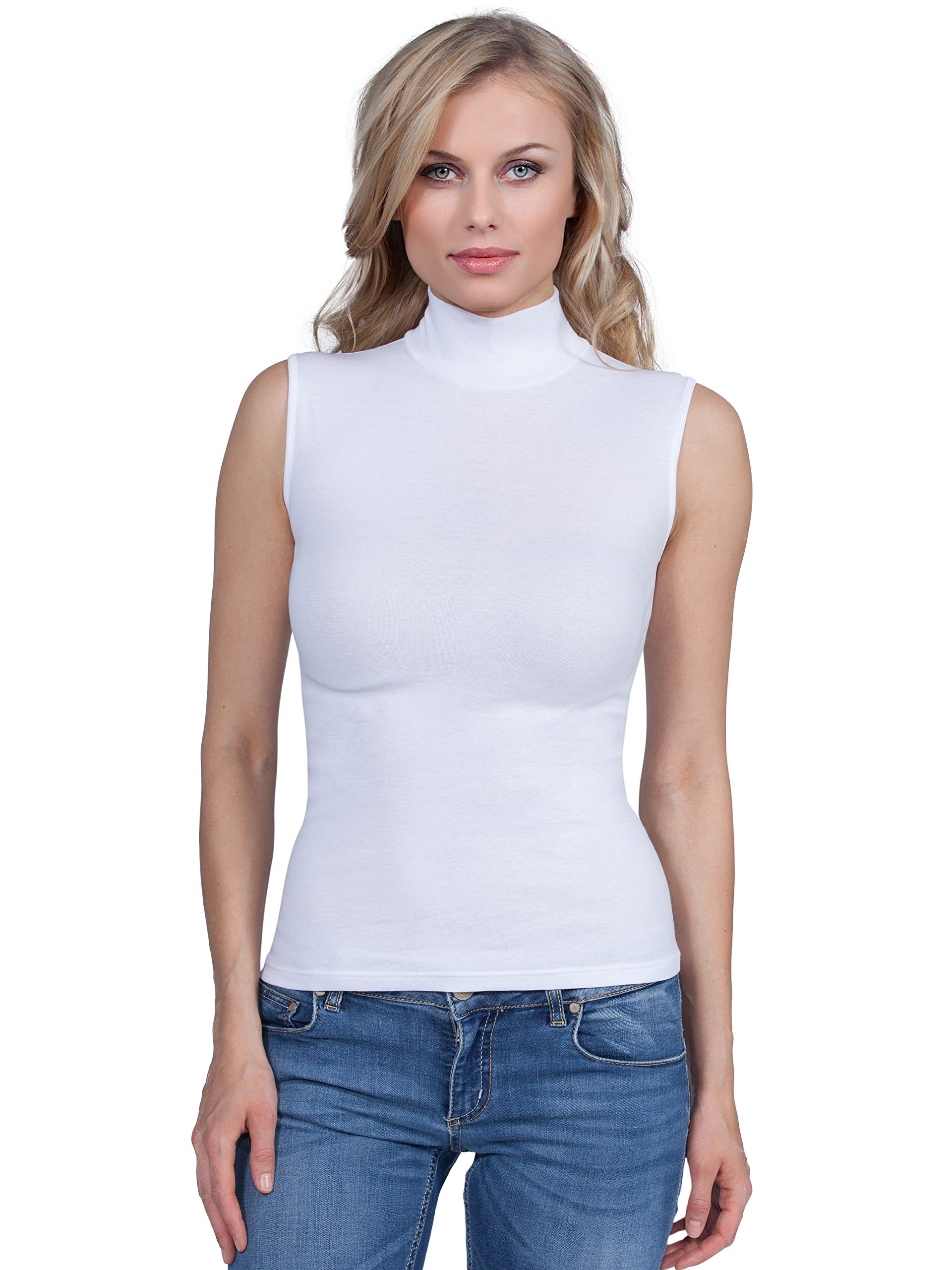 free spirit Basic Cotton Premium Quality 100% Cotton Women's Turtleneck Sleeveless Top. Proudly Made in Italy. (X-Large, Bianco)