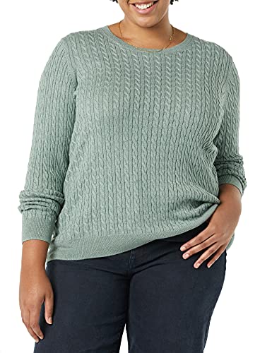 Amazon Essentials Women's Lightweight Long-Sleeve Cable Crewneck Sweater (Available in Plus Size), Sage Green Heather, Medium