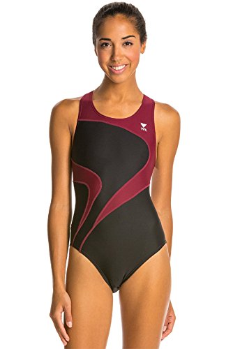 TYR Women's Standard Alliance T-Splice Maxfit Swimsuit, Black/Burgundy, 36