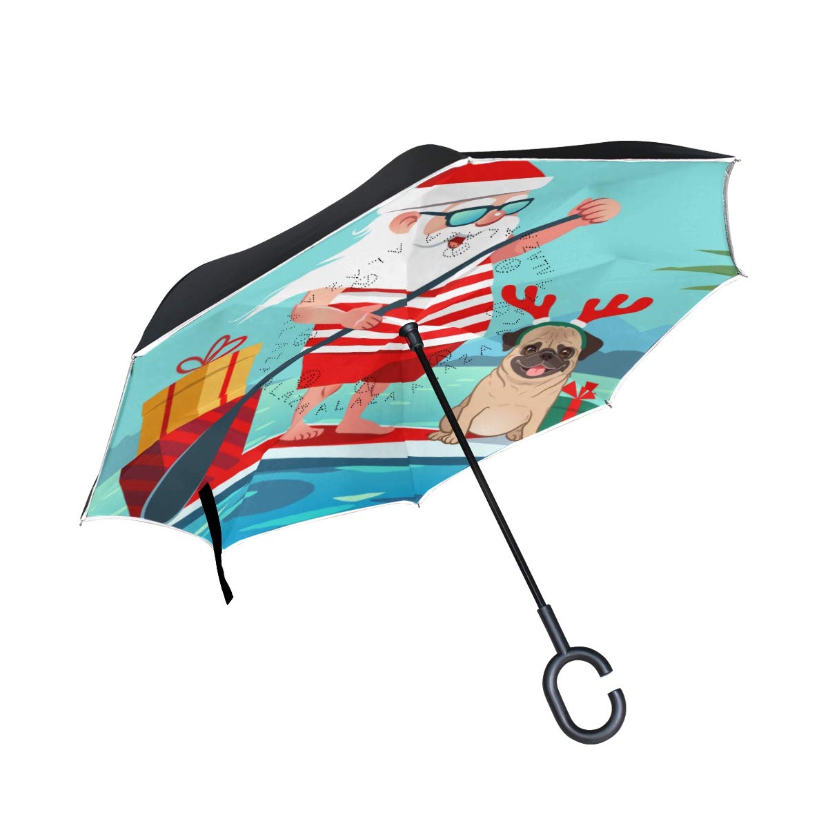 Cute Santa Claus Stand Up Paddle Board With Pug Dog Double Layer Windproof UV Protection Reverse Umbrella With C-Shaped Handle Upside-Down Inverted Umbrella For Car Rain Outdoor
