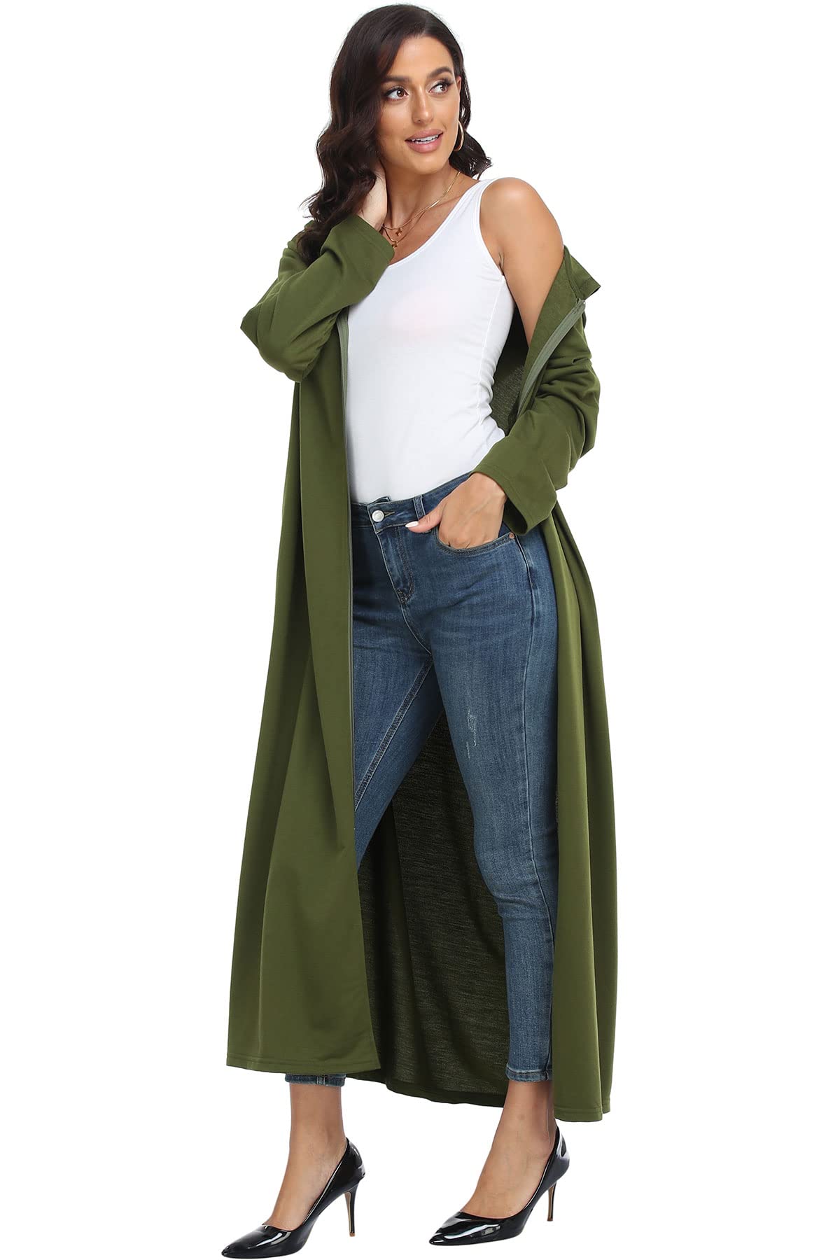 Women's Zip Up Robes Hooded Long Housecoat Sweatshirt Full Length Bathrobe Long Sleeve Loungewear with Pockets, Army XXL