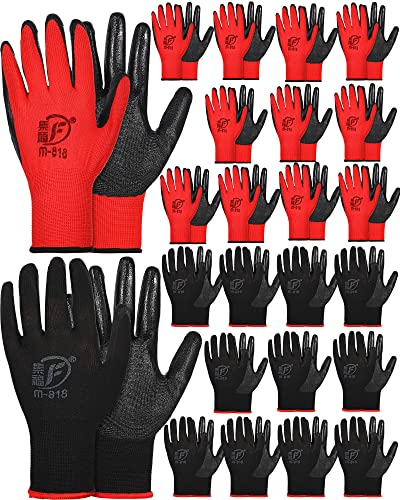 Nuogo 24 Pairs Gardening Gloves for Men Women Rubber Coated Work Gloves Garden Gloves Safety Work Gloves Construction Gloves (Black, Red)