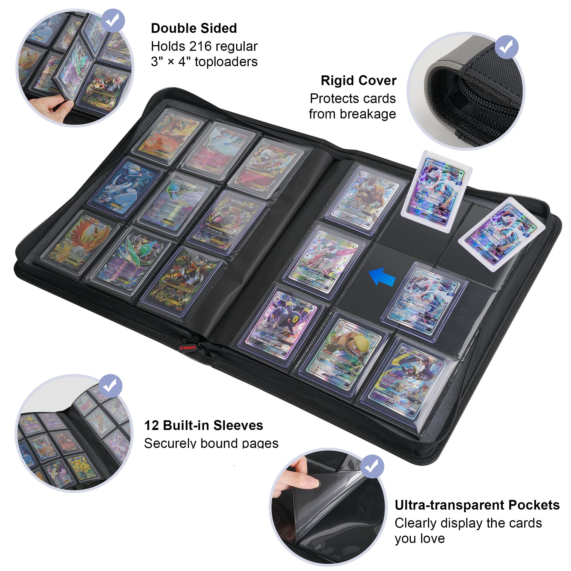 PREZA Toploader Binder - Holds 216 Top Loaders - 9 Pocket Trading Card Storage with Double Sided Sleeves for TGC and Sports 3" x 4" Top Loaded Trading Cards (Black)