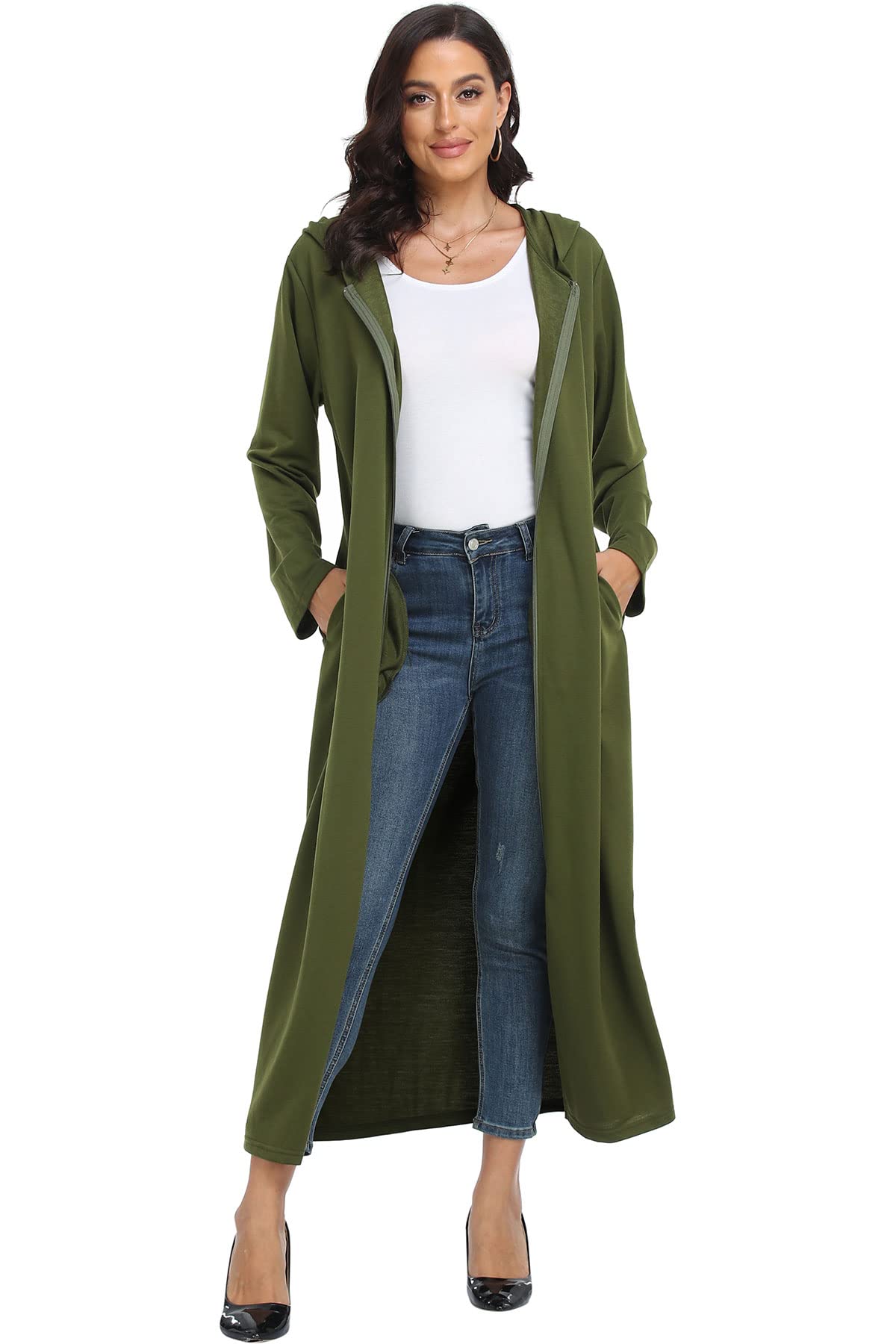 Women's Zip Up Robes Hooded Long Housecoat Sweatshirt Full Length Bathrobe Long Sleeve Loungewear with Pockets, Army XXL