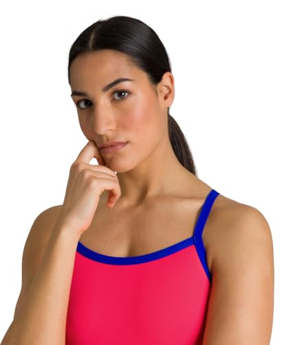 ARENA Women's Team MaxLife Swimsuit Solid Challenge Back One Piece Competition Training Bathing Suit Athletic Swimwear, Freak Rose/Neon Blue, US Size 24