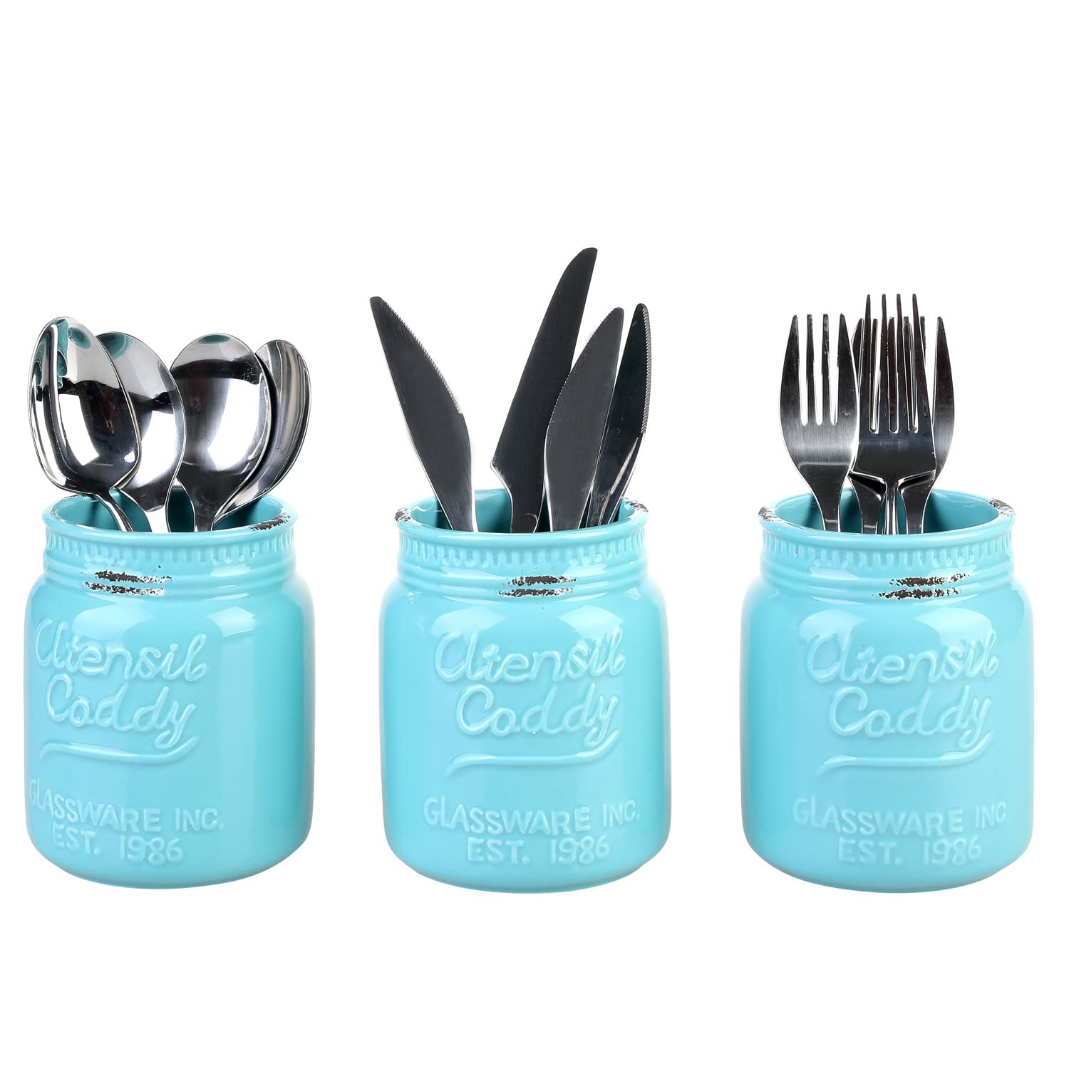 MyGift Aqua Blue Ceramic Mason Jar Flatware Holder Storage Organizer with Decorative Embossed Utensil Caddy Word Design, Farmhouse Kitchen Decor, Set of 3