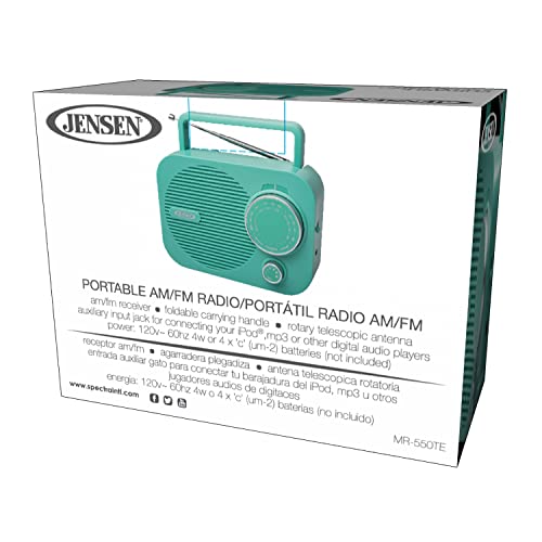 Jensen MR-550 Teal Modern Portable AM/FM Radio, Vintage Retro Rotary Dial with Built in Speakers + Aux Line-in, Power Plug or 4 x ‘C’ Batteries - (Limited Edition)