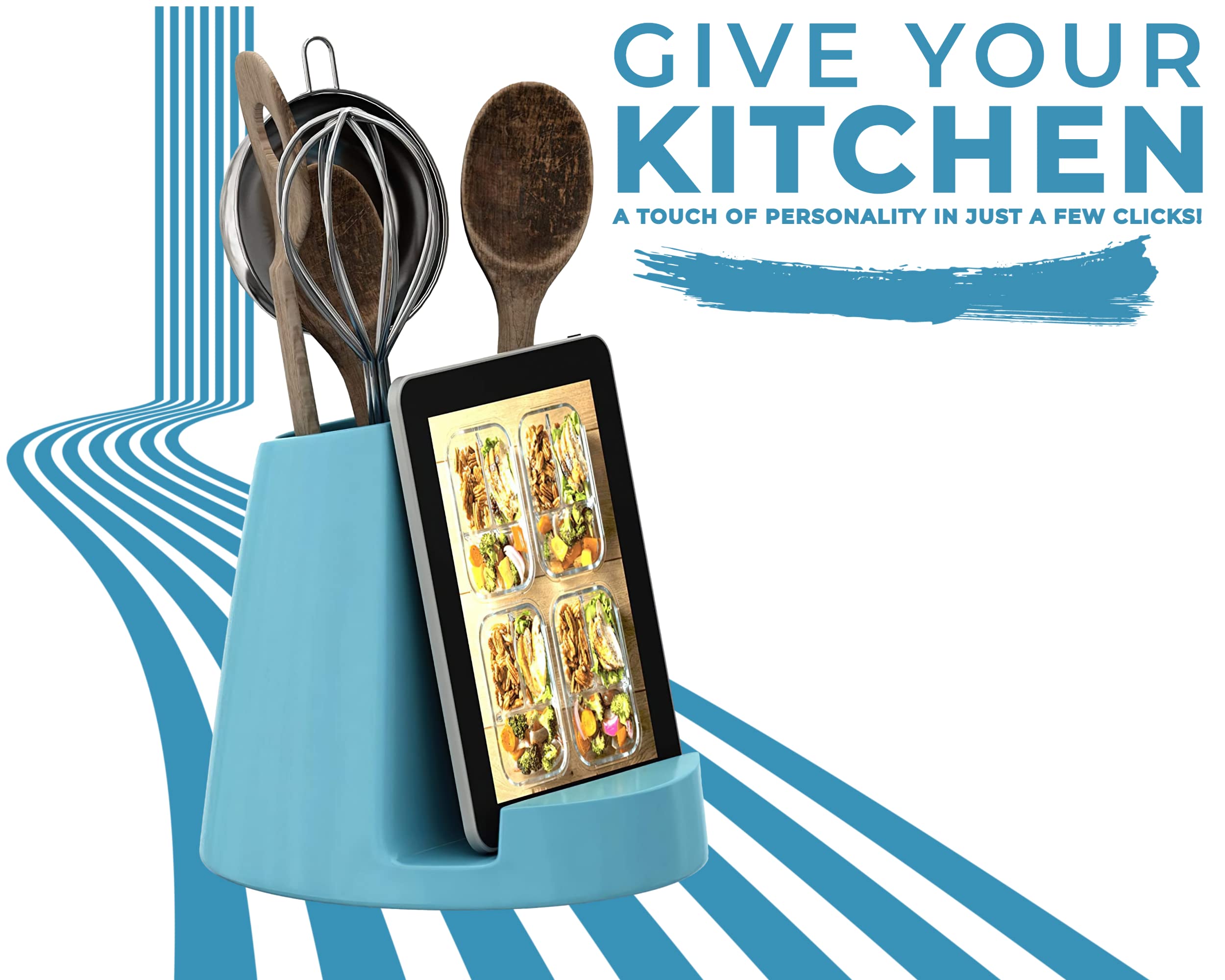 Ceramic Utensil Holder & Tablet Stand - Modern White Crock w/Tablet Holder - Utensil Caddy for Contemporary Cooking Enthuziasts - iPad or Recipe Book Holder - Decorative Cookbook Stand - 7.11" x 8.5"