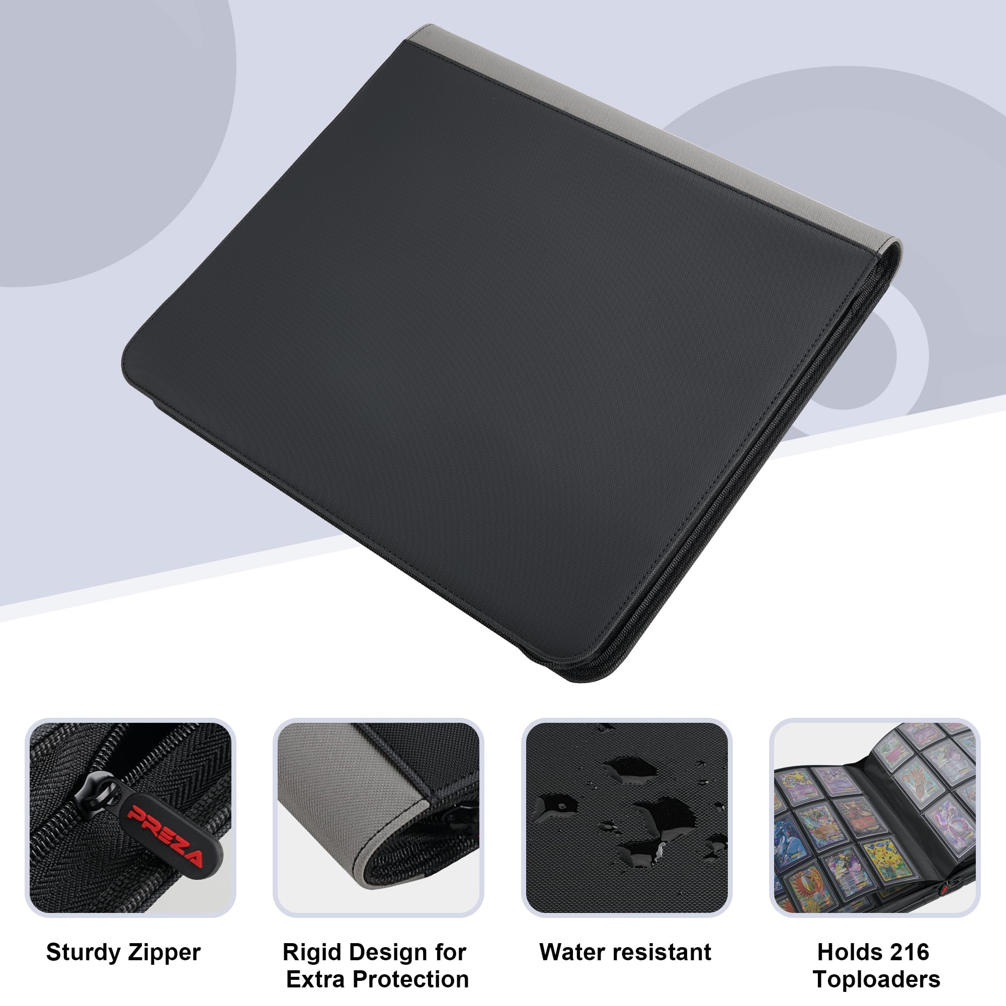 PREZA Toploader Binder - Holds 216 Top Loaders - 9 Pocket Trading Card Storage with Double Sided Sleeves for TGC and Sports 3" x 4" Top Loaded Trading Cards (Black)