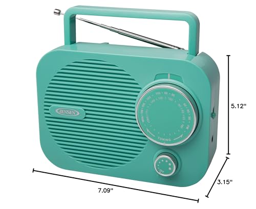 Jensen MR-550 Teal Modern Portable AM/FM Radio, Vintage Retro Rotary Dial with Built in Speakers + Aux Line-in, Power Plug or 4 x ‘C’ Batteries - (Limited Edition)