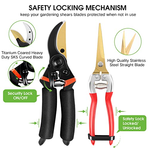 Pruning Shears for Gardening 3 Pack, WEIKA 8.5" Professional Titanium Bypass Garden Shears and 2 8.3" Garden Scissors and Gloves, Ultra Sharp Pruners Clippers for Trimming Bushes Flowers Plants