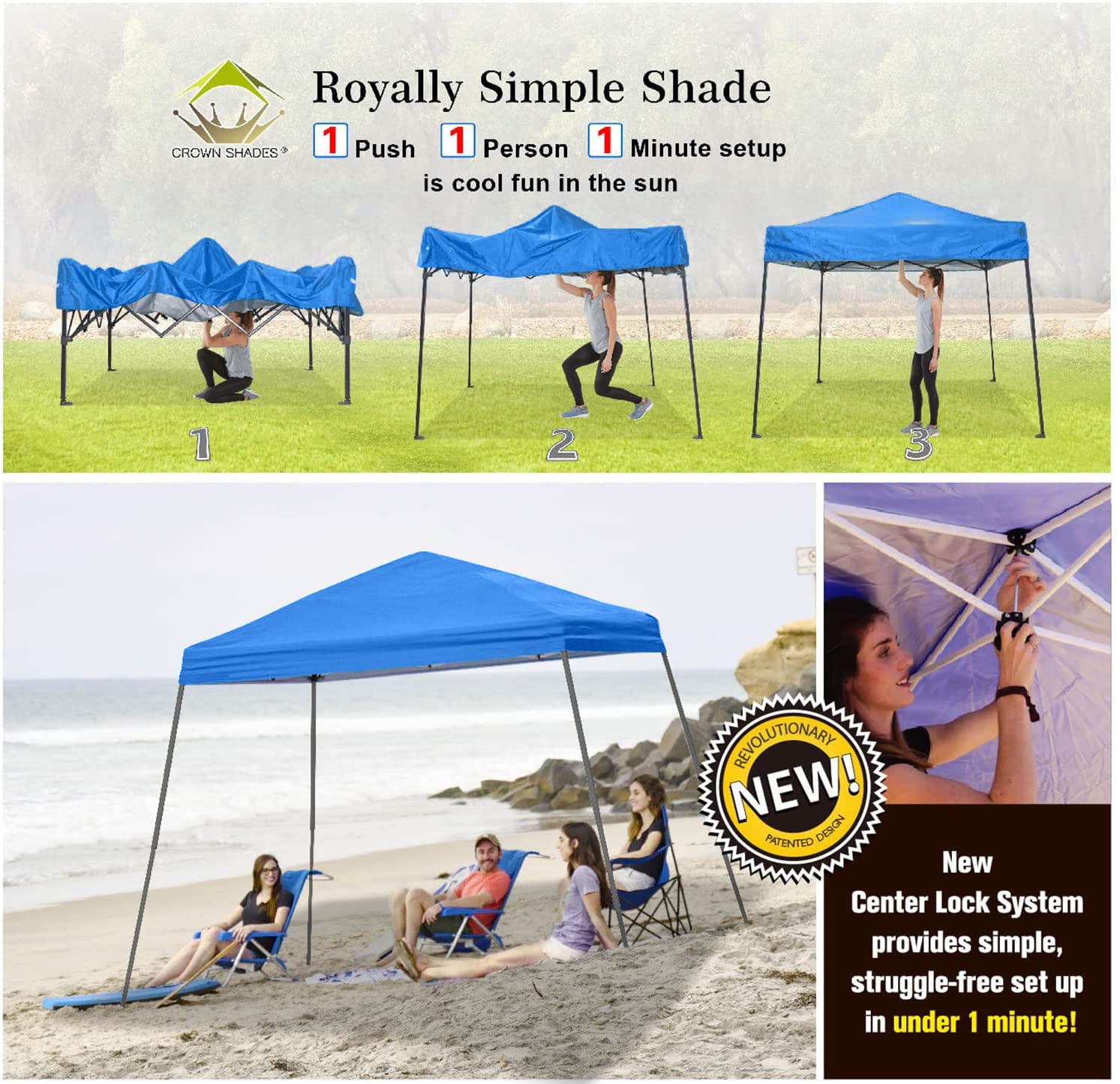 CROWN SHADES 8x8 Pop Up Canopy Tent, Slant Leg Outdoor Canopy with Carry Bag, Beach Tent, Sports Shelter(Blue)