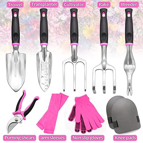 Garden Tool Set,10 Piece Pink Gardening Gifts for Women,with 2 in 1 Detachable Storage Bag, Trowel, Transplanter, Rake, Weeder, Cultivator, Purning Shears and 3 Additional Protection Tools(LANNIU)